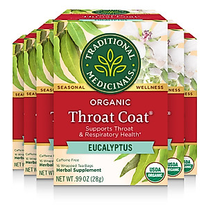 Traditional Medicinals Tea, Organic Throat Coat Eucalyptus, Throat and Respiratory Support, 96 Tea Bags (6 Pack)