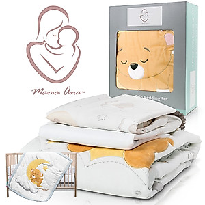 Mama Ana - Premium Quality 100% Cotton Crib Bedding Set for Baby Boys and Girls, 3-Piece Nursery Including Baby Comforter, Fitted Crib Sheet, and Adjustable Crib Skirt with Zipper
