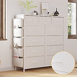 LIVEHOM 11 Dresser Drawer for Bedroom, Chest of Drawers with Side Pockets, Hooks, Fabric Storage Drawer, Steel Frame, Wood Top, Organizer Unit and Pull Handle for Closet, Nursery
