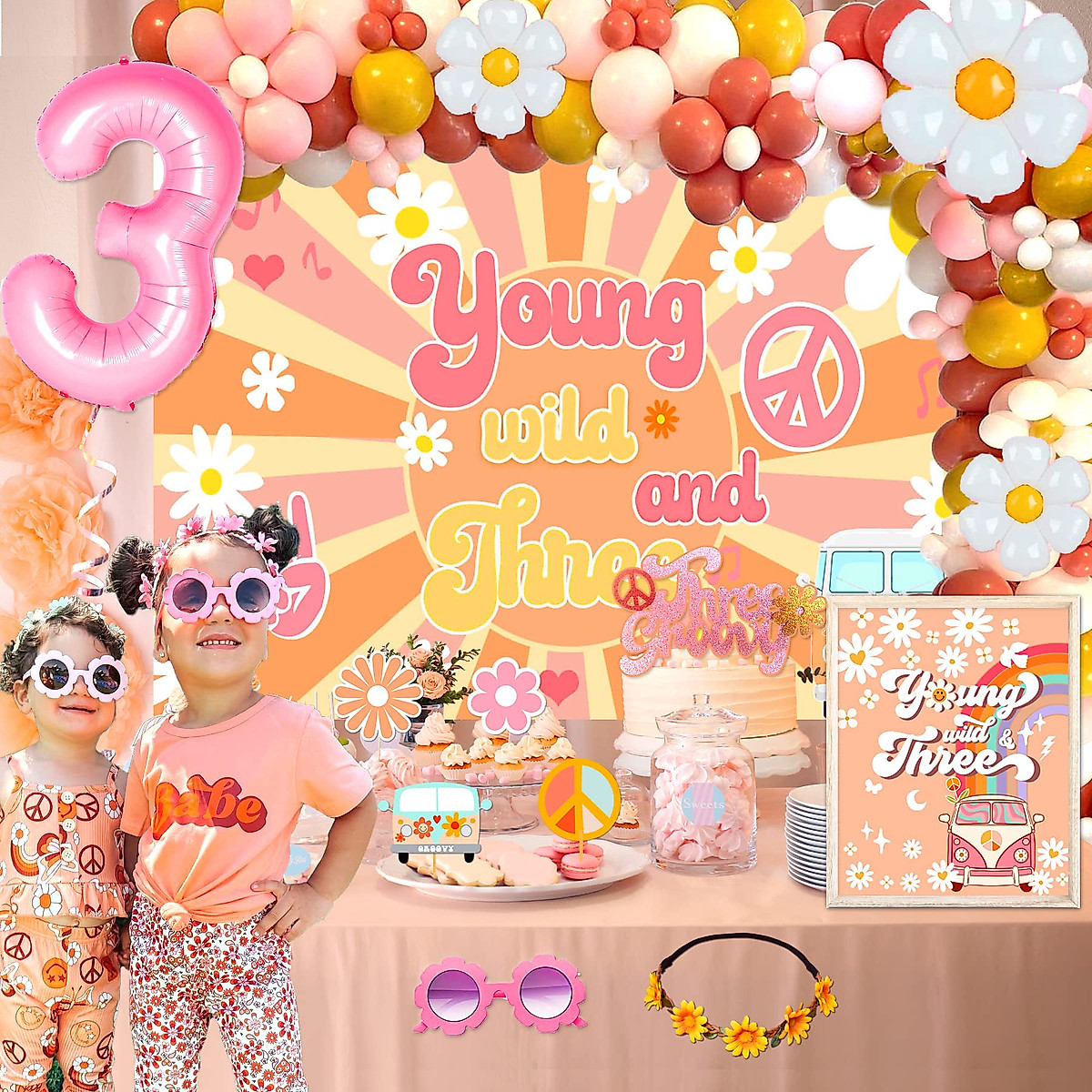 Young Wild and Three Decorations Girl, Three Groovy Birthday Party Decorations,Balloons, Backdrop Cake Topper, Sunglasses for Groovy Birthday Party Decorations, Hippie 3rd Birthday Party Decorations