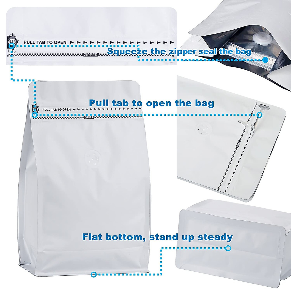 50 Count 8 Ounce Matt White Aluminum Foil Coffee Bags, Stand Up/Flat Bottom Side Gusset Coffee Pouches with Air Release Valve and Reusable Side Zipper (50, 8OZ, 0.5LB, 250G)