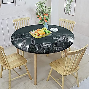 XISUNYA Modern Round Fitted Tablecloth,Aerial View of Hong Kong Print Elastic Edged Polyester Table Pad, XXLarge, Fit Round Tables up 65"-71" Diameter, for Kitchen Dining Party Holiday Spring Summer