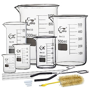 ADAMAS-BETA 14PCS Glass Beaker Set, 6 Sizes - 10ml 50ml 100ml 250ml 500ml 1000ml Graduated Beakers + 11" Beaker Tongs + 3pcs Glass Stirring Rods + 3pcs Magnetic Stir Bar + 1000ml Beaker Brush