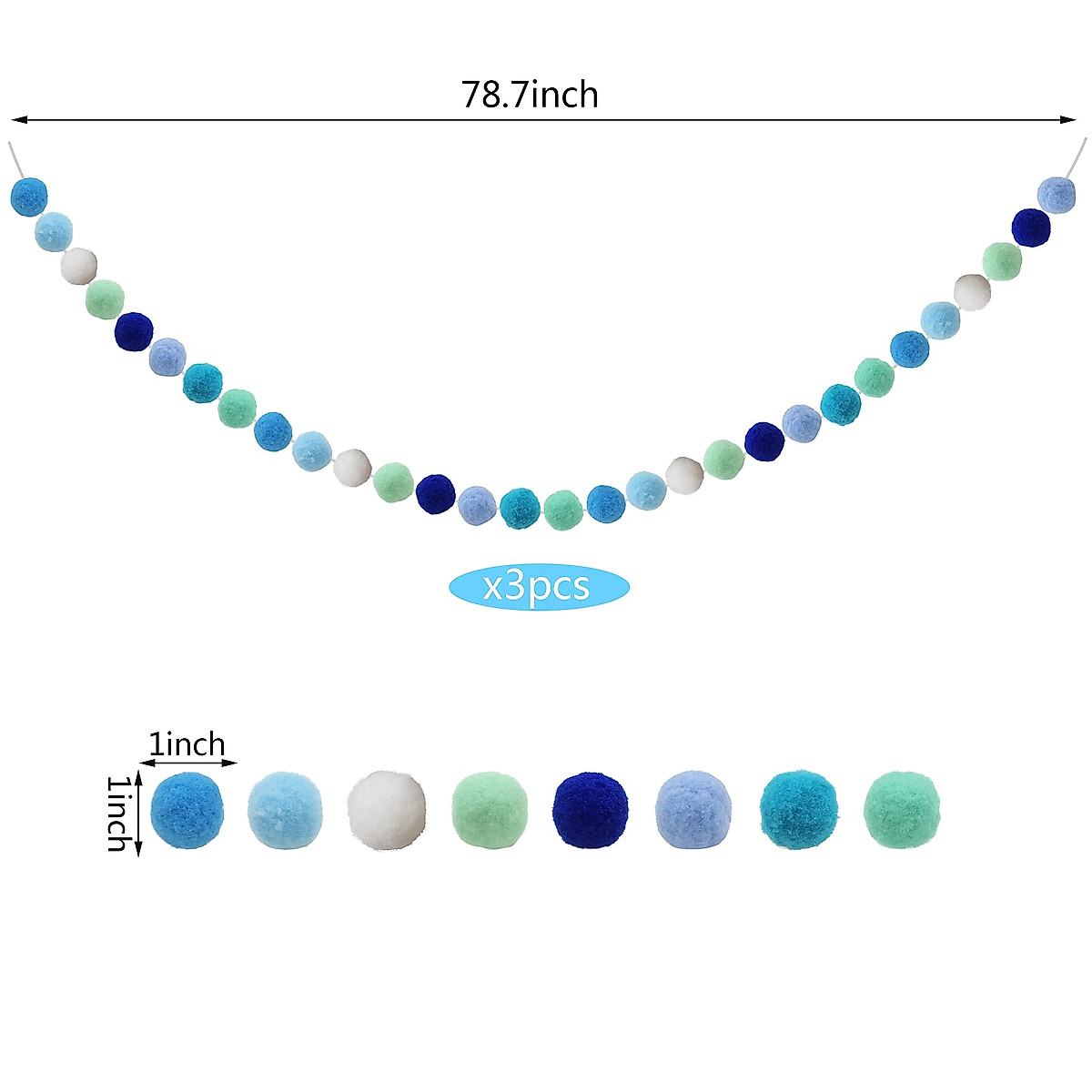 3 Pieces Ball Garland Blue Pom Pom Garland Handmade 6.5 Feet Long 30 Balls Ball Garlands for Party Home Decoration