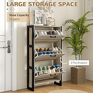 HOMCOM Industrial Shoe Cabinet with 3 Flip Drawers, Freestanding Shoe Storage Cabinet for 15 Pairs, Narrow Slim Shoe Rack for Entryway, Hallway, Walnut