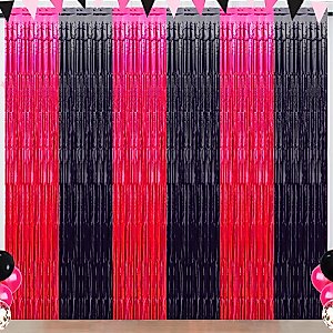 Hot Pink Backdrop Curtain, Black and Hot Pink Birthday Decorations Hot Pink Black Backdrop Wall Streamers for Graduation Girls Women Wedding Bridal Baby Shower Bachelorette Party Decorations (3 Pack)