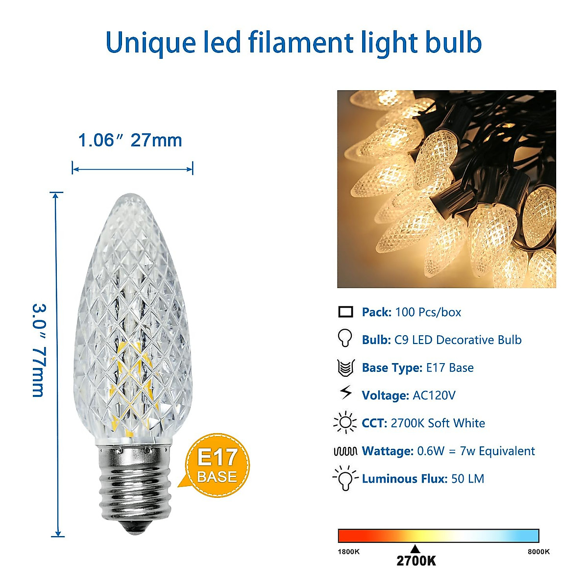 100 Pack C9 Christmas Lights LED Replacement Bulbs, Shatterproof & Waterproof Plastic C9 Led Bulbs for Outdoor String Lights, E17 Base, 0.6W Equivalent to 7W, 2700K, 50 Lumens Holiday Decoration