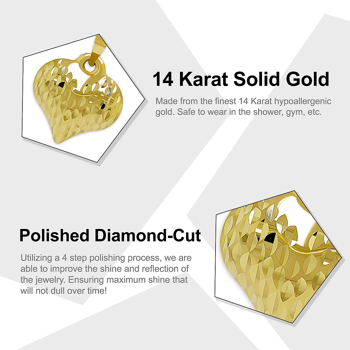 Charm America - Gold Puffed Heart Charm - 14 Karat Gold - High Polish Diamond-Cut Heart Pendant - 3D Heart Jewelry - Great For Gifts (Small)