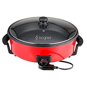 BOGNER Round electric frying pan with non-stick coating and glass lid. Large size 42 cm diameter, capacity 7.5 L. Easy to clean and use. Features removable temperature regulator.