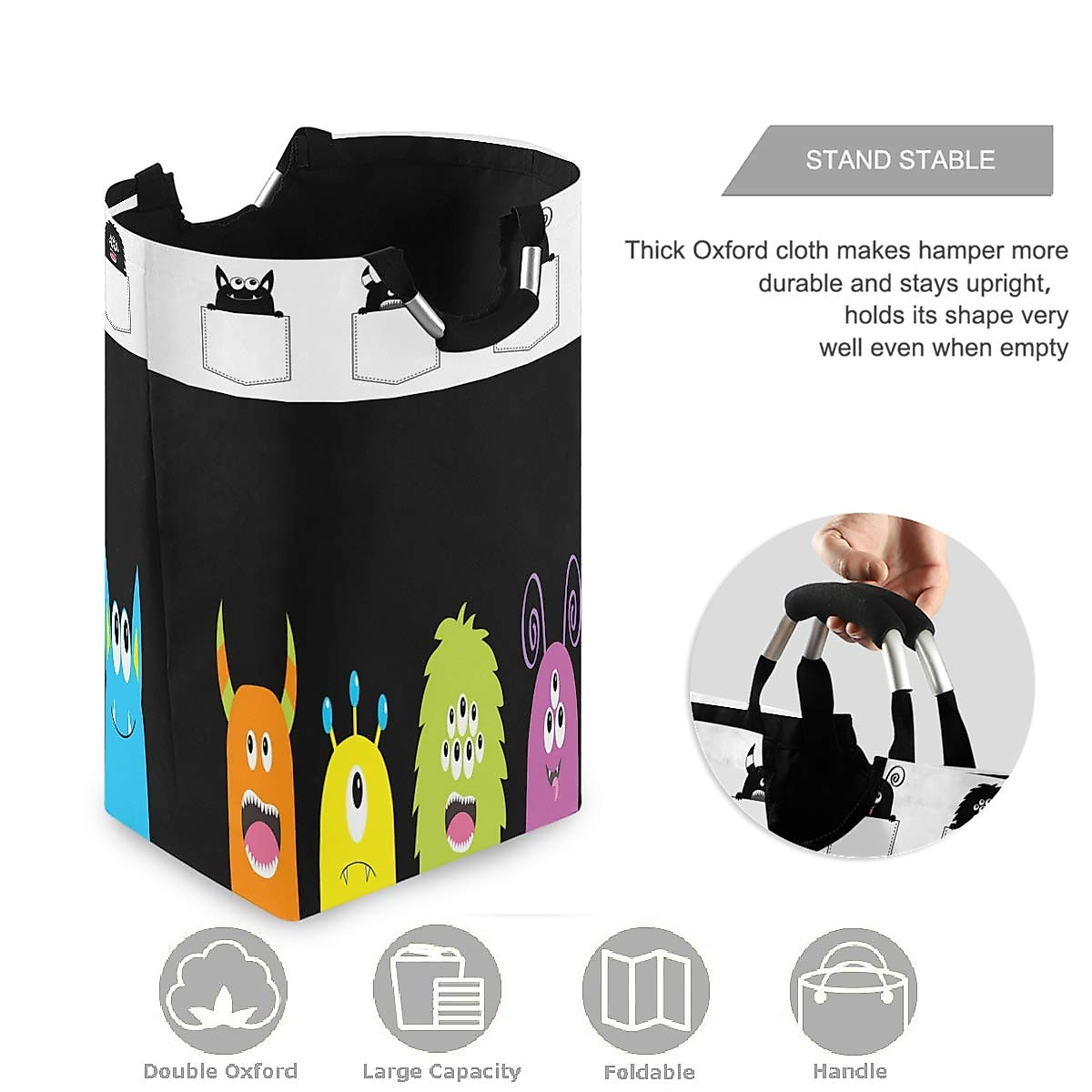 visesunny Collapsible Laundry Basket Monster Face Set Large Laundry Hamper with Handle Toys and Clothing Organization for Bathroom, Bedroom, Home, Dorm, Travel
