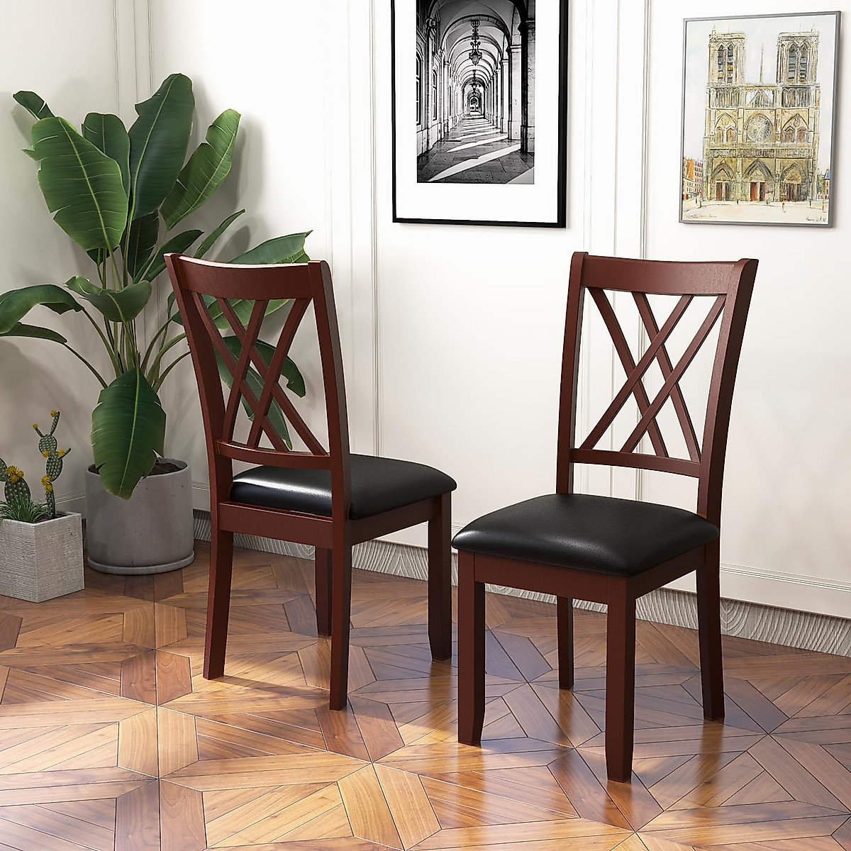Giantex Wood Dining Chairs Set of 2, Faux Leather Upholstered Kitchen Chairs with Rubber Wood Legs, Padded Seat, Max Load 355 Lbs, Farmhouse Armless Wooden Dining Room Chair