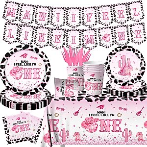 Western Cowgirl Birthday Party Decoration,142Pcs Pink Disco Cowgirl 1st Tableware Set I’m One Cowgirl Plates Napkins Cowgirl Tablecloth for My First Rodeo Let’s Go Cowgirl 1st Baby Shower Decoration