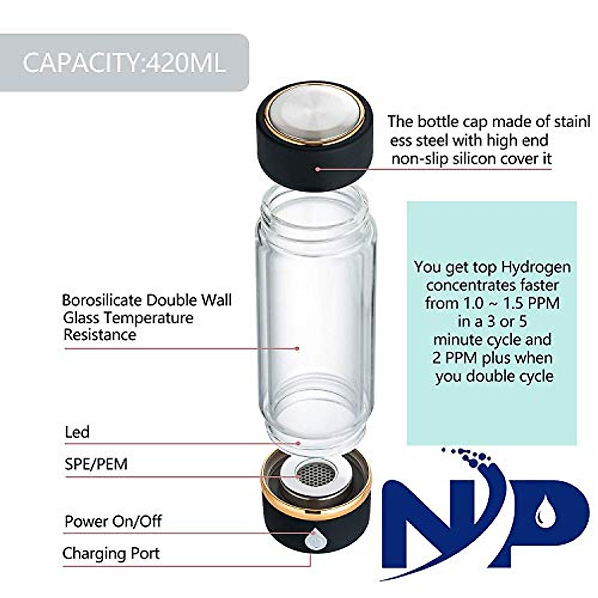 N.P Hydrogen Water Bottle Generator with PEM and SPE Technology,Up to 1500PPB,Portable Hydrogen Water Maker,Hydrogen Water Machine,New Technology Glass Water Ionizer (Black)