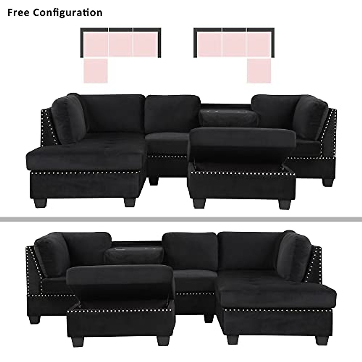 Eafurn 104.5”Velvet Sectional Sofa with Chaise Lounge,L Shaped Couch Set with Storage Ottoman and Two Cup Holders,Button Tufted Sofa & Couches for Living Room Corner Furniture