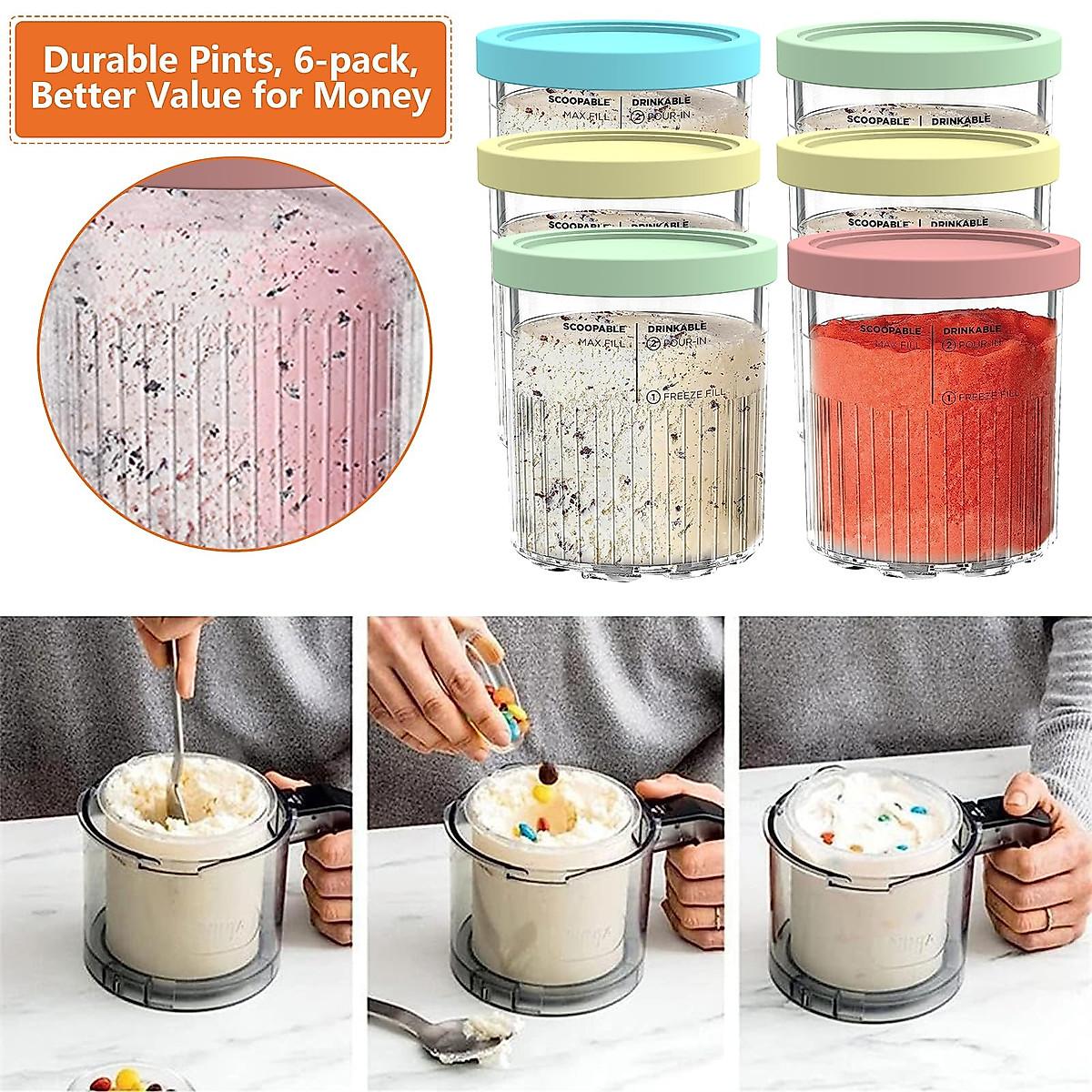 AULKZIOV Creami Pint Containers Replacement for Ninja Creami Deluxe Pints 24oz NC501, Compatible with Ninja NC501 NC500 Series Creami Deluxe Ice Cream Makers (NC500 Series - 6 Pack)