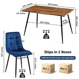 NORDICANA 5-Piece Dining Table Set, 47 in Modern Irregular Rectangle Kitchen Table & 4 Navy Blue Velvet Upholstery Side Chairs, Metal Legs, Dining Room Set for 4
