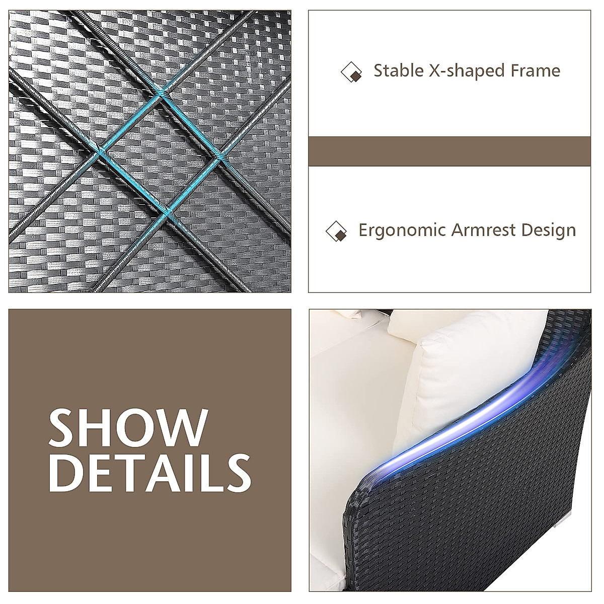 RELAX4LIFE Rattan Patio Outdoor Daybed, Wicker 2-Person Sunbed Loveseat with Soft Cushions, 4 Pillows, Curved Backrest & Armrest, Double Bed Lounger Sofa Set for Balcony Porch, Patio Bed (Beige)