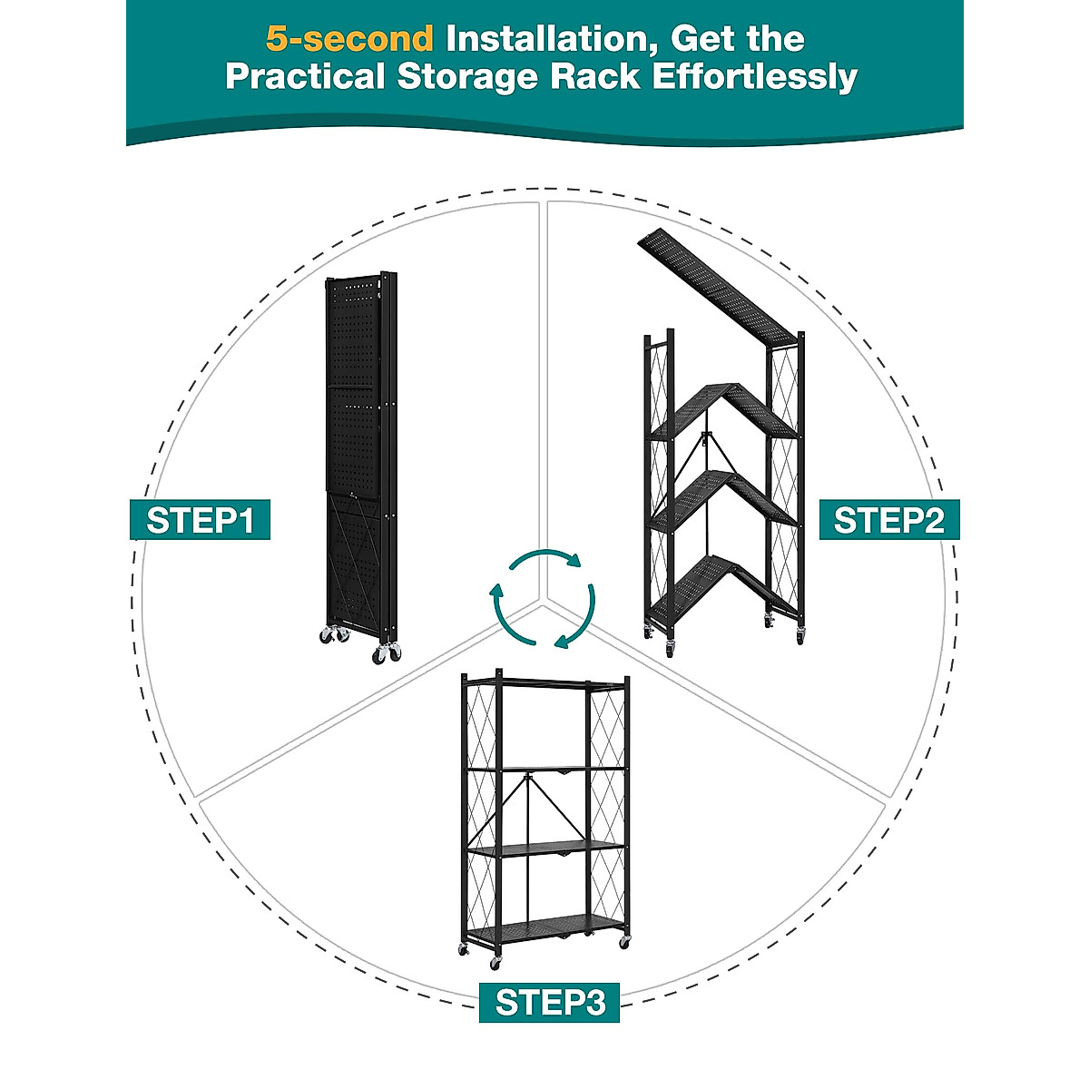 ALANNG Storage Shelves with Wheels, Bookshelf with Storage, No Assembly Metal Rack Shelf for Kitchen, Office, Laundry, Garage (4 Tier, Black)