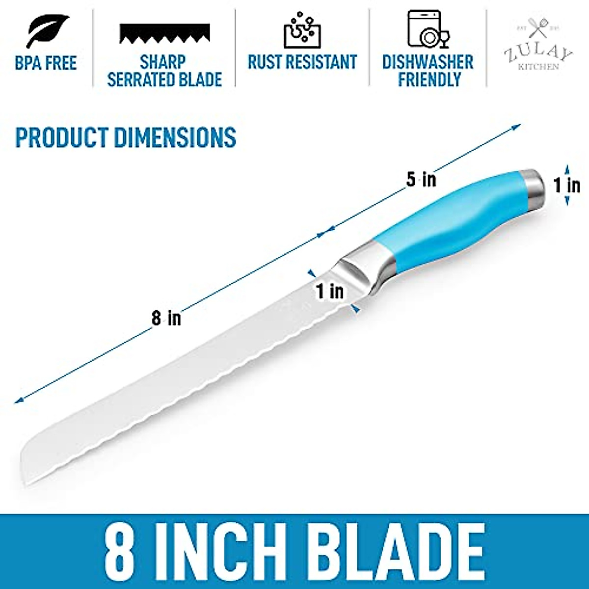Zulay Serrated Bread Knife 8 inch - Ultra-Sharp & Durable Blade For Easy Slicing - Lightweight 304 Stainless Steel One Piece Design with Tip Safety Guard - Cut & Slice Bread, Vegetables & More (Blue)