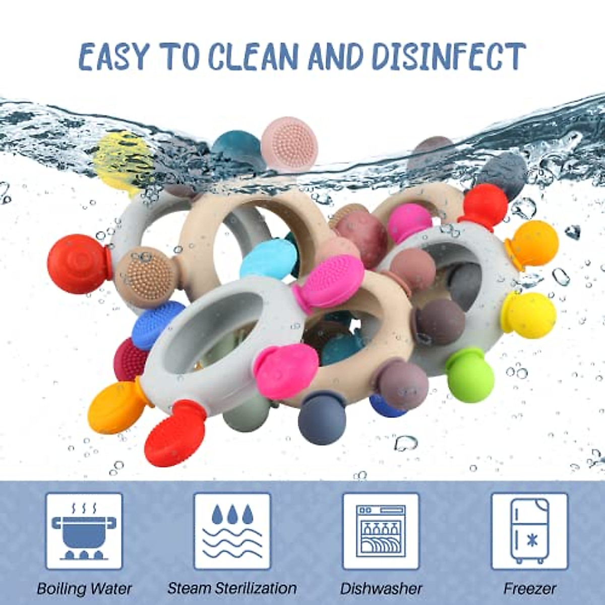 Baby Teething Toys, Silicone Chewable Rings with Organic Wooden, Natural Wooden Ring & Silicone Teething Toys for Newborn, 3+ Months (6 Directions, Khaki)