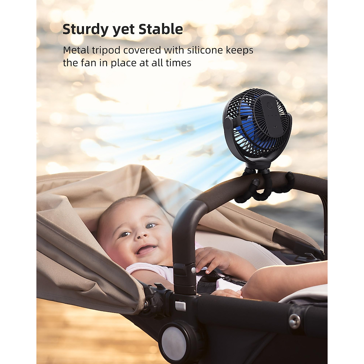 Jiffi 5000Mah Portable Battery Operated Fan, Baby Stroller Fan Flexible Tripod Small Clip on fan for Bike & Treadmill,USB Rechargeable and Handheld Cooling Fan for Travel, Car Seat, Golf Cart, Bed