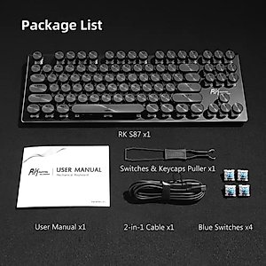 RK ROYAL KLUDGE RKS87 Typewriter Mechanical Keyboard, Hot Swappable Blue Switch Wired PC Gaming Keyboard, 75% Layout RGB 87 Keys Slim Keyboards with Retro Punk Round Keycaps for Mac Windows, Black