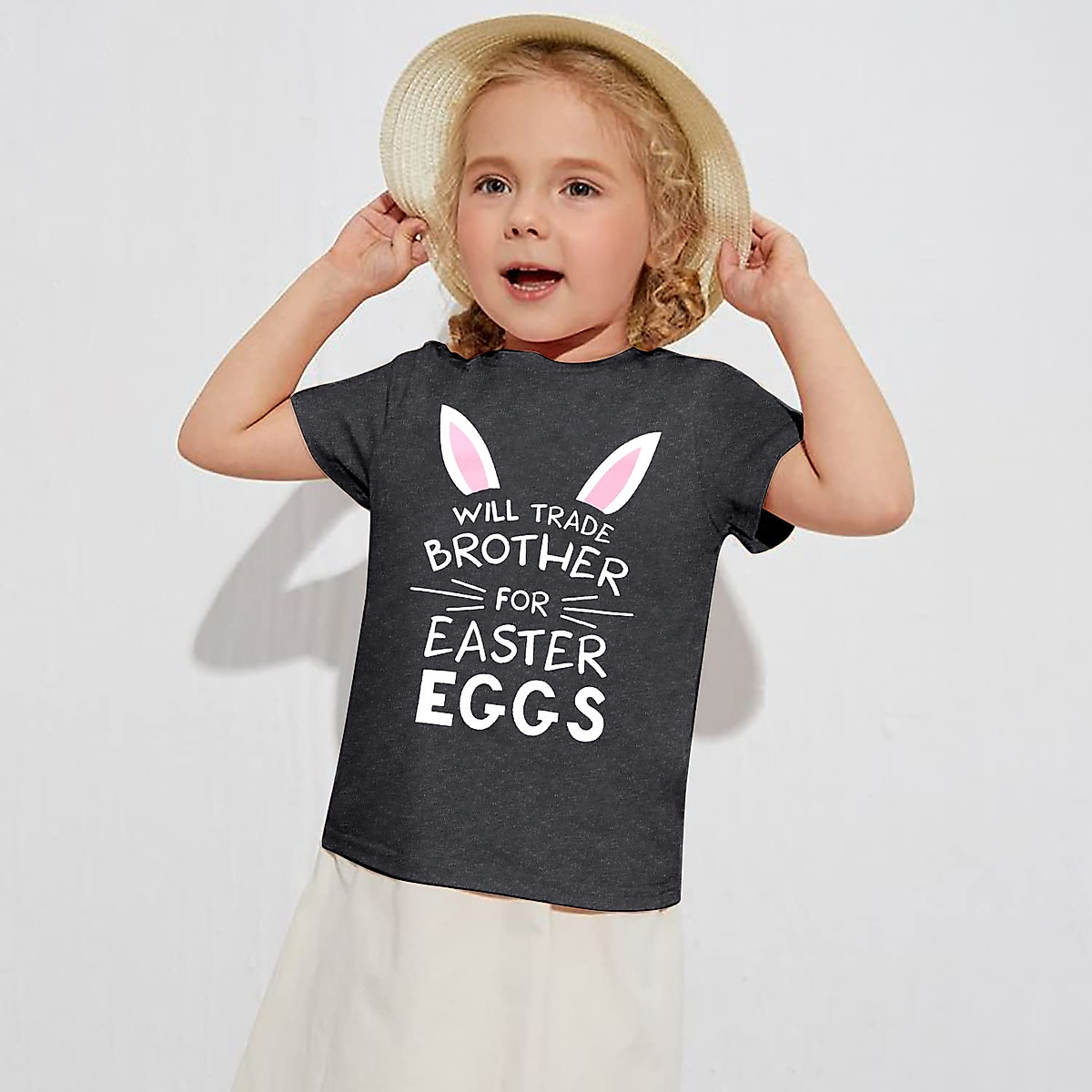 Baby Easter Shirt Trade Brother Sister for Easter Eggs Tshirt Toddler Bunny Short Sleeve Cotton Tops Grey