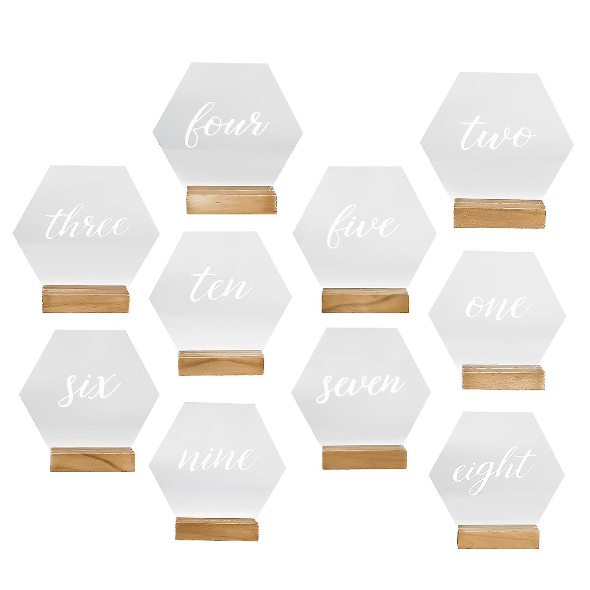 Hanna Roberts Modern Hexagonal Geometric Table Number Acrylic Signs with Wood Stands for Wedding Reception, Restaurant, Event Party, 5" x 1.5" x 5.9" (Cursive Geometric, Set of 10 (1-10))