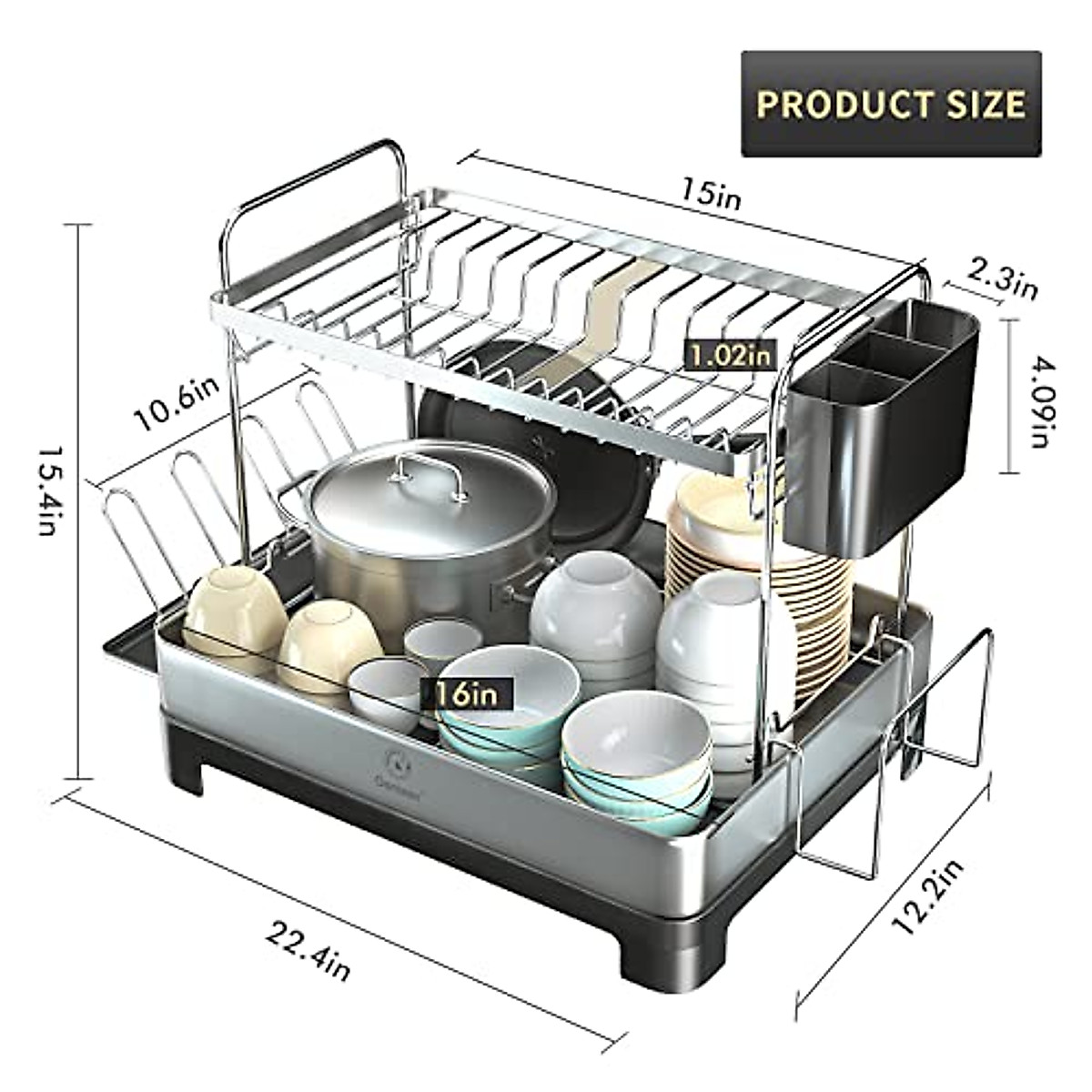Genteen Dish Drying Rack, 2 Tier Large Rack with Drainboard 304 Stainless Steel for Kitchen Counter Swivel Spout, Utensil Holder, Cup