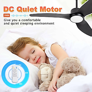 REVOICI Black Ceiling Fan with Light Remote 52in 6Speed Silent Reversible Motor 3CCT Dimmable LED Adjustable Height Timer Memory Function Modern ABS Blades Vacation Mode flush Mount Indoor Outdoor Use