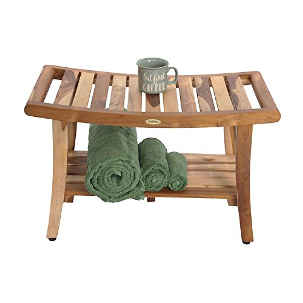 EcoDecors Harmony Teak Shower Bench 30" Long Natural Wood Shower Bench with Shelf and LiftAide Arms Shower Stool in Earthy Teak Finish for Indoors and Outdoors