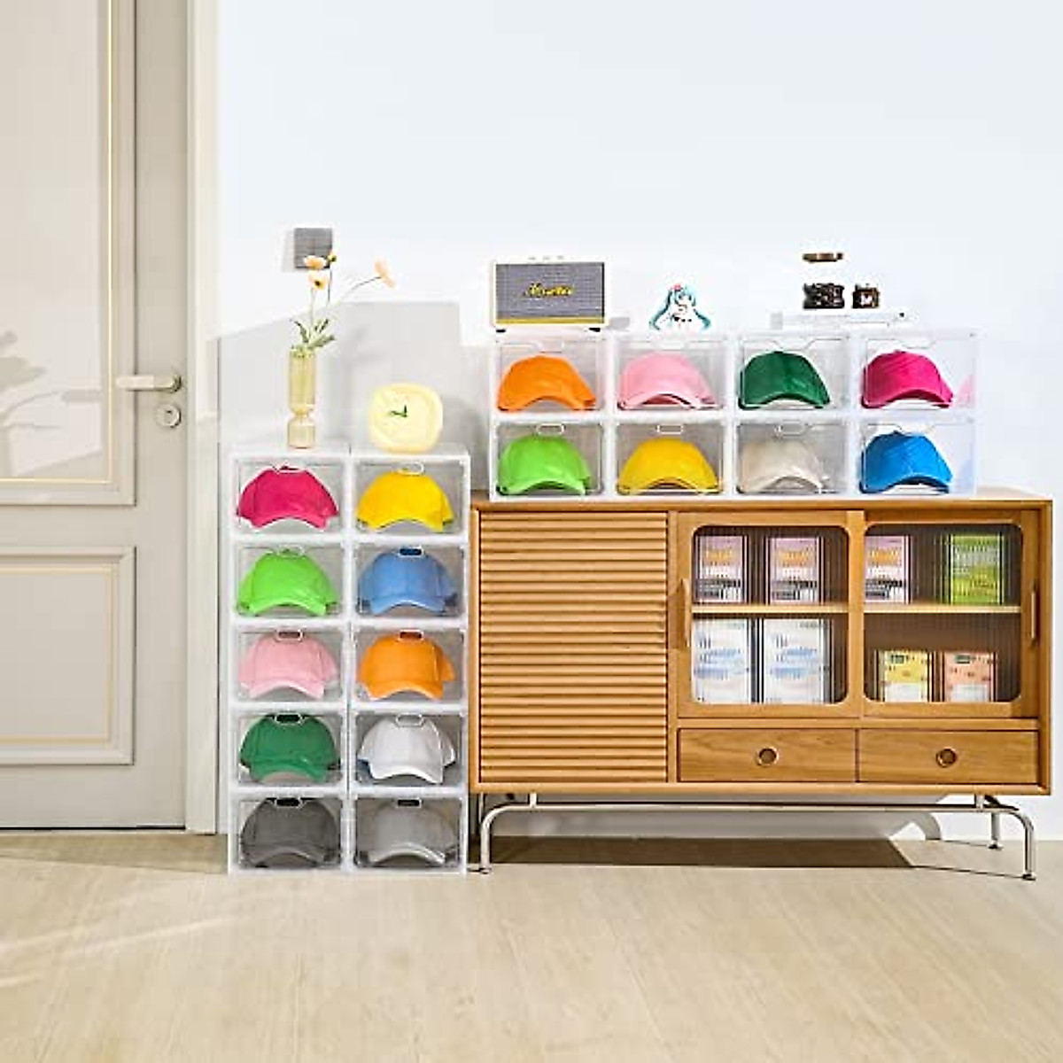 INSTY Hat Organizer Box for Baseball Caps, 4 Pack Plastic Hat Storage Containers, Clear Hat Box for Hat Display, Stackable Dust Proof Hat Rack With Magnetic Door, Easy to Assemble Hat Holder