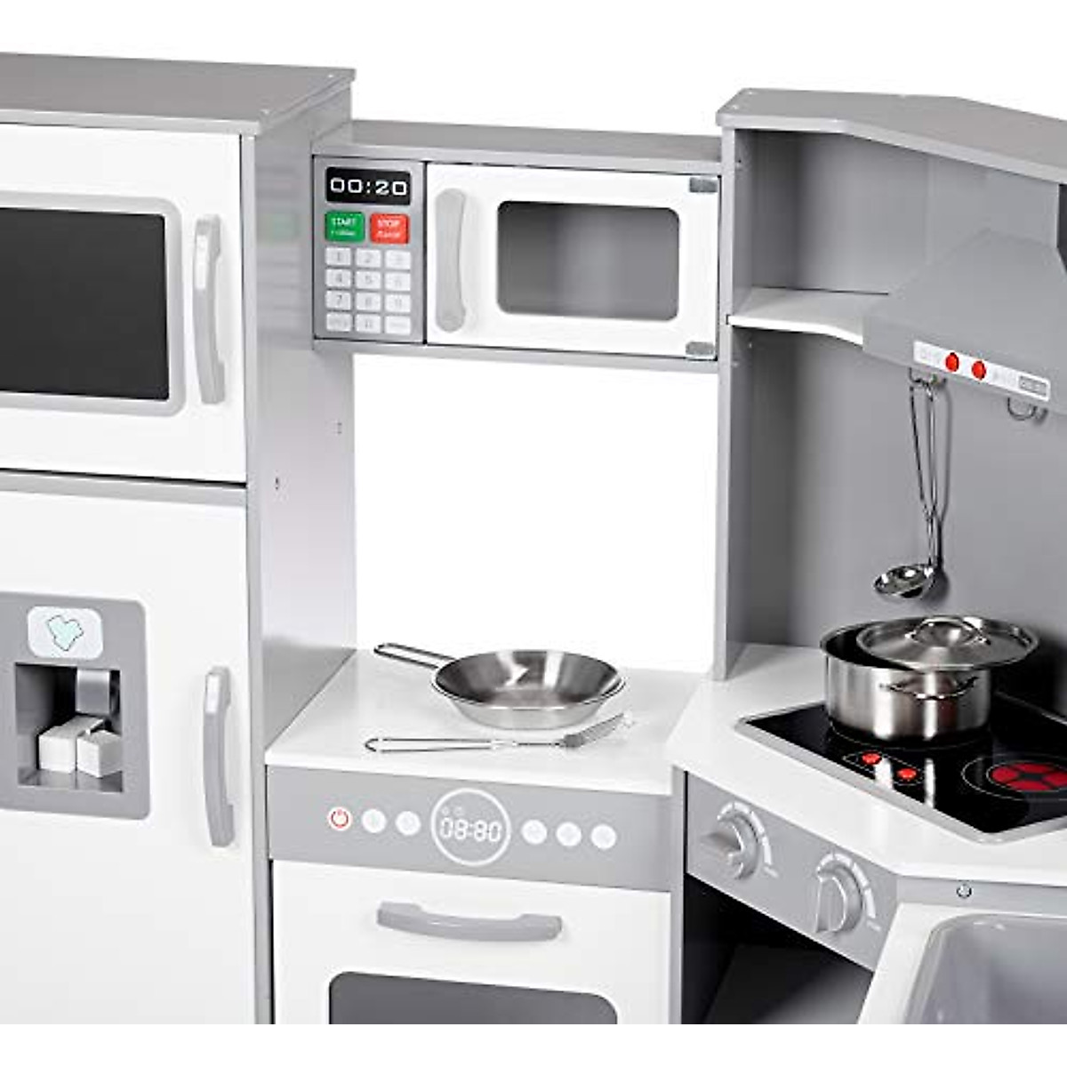 Amazon Basics Kids Corner Wooden Kitchen Toy Playset with Stove, Oven, Sink, Fridge and Accessories, for Toddlers, Preschoolers, Children Age 3+ Years, White & Gray, 39.37"L x 28.35"W x 35.04"H