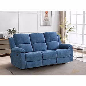 Dekmxas 3 Seater Recliner Sofa Couch Modern Manual Reclining Sofa Fabric Reclining Sofa Living Room Couch with Dual Cup Holders and Drop Down Table for Living Room/Office/Rv Car (Blue, 3 Seater Sofa)