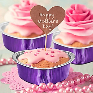 Geiserailie 200 Sets Aluminum Foil Cake Pan with Clear Lids 100 ml/ 3.4 Ounces Heart Shaped Disposable Mini Cupcake Cup Flan Baking Cups Pan for Xmas Valentine Wedding Birthday Party (Purple)