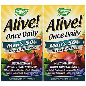Nature's Way Alive! Once Daily Men's 50+ Multivitamin, Ultra Potency, Food-Based Blends (291mg per serving), 60 Tablets, Pack of 2
