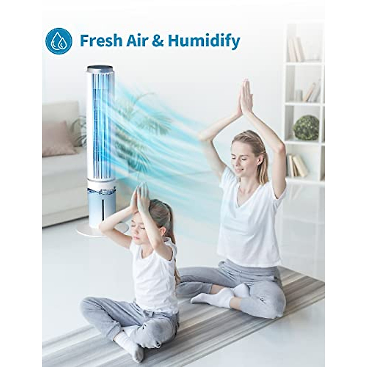 Evaporative Air Cooler - HiFresh 42-In Bladeless Tower Fan w/4 Ice Packs & Water Tank, 3 Speeds & Cooling Mode 600CFM Swamp Cooler, 70°Oscillation, 12-H Timer Remote Control for Large Room/Home/Office