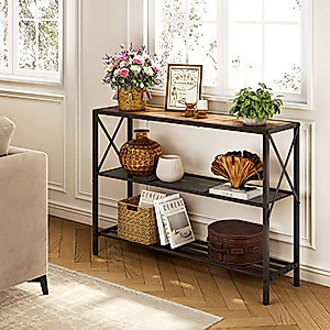 Hoctieon Industrial Console Table, 3 Tier Entryway Table, Hallway Table, Narrow Sofa Table with Shelves, Entrance Table for Entryway, Living Room, Foyer, Hallway, Office, Rustic Brown&Black