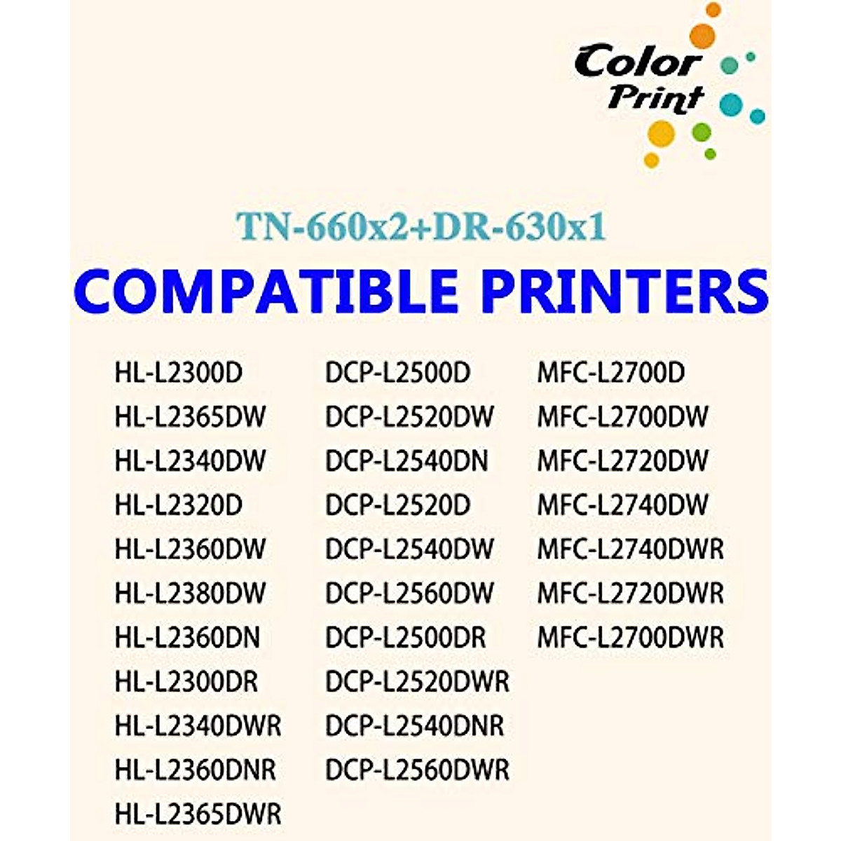 ColorPrint Compatible TN-660 Toner Cartridge DR-630 Drum Unit Replacement for Brother DR630 TN660 Used for HL-L2380DW HL-L2300D HL-L2340DW MFC-L2680W MFC-L2740DW Printer (2Toners+1Drum,Total: 3-Pack)