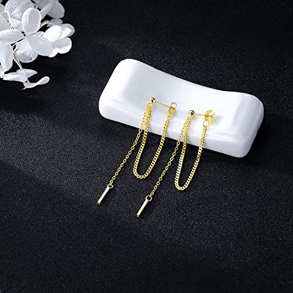 SLUYNZ 925 Sterling Silver Bar Dangle Earrings for Women Teen Girls Minimalist Dangle Earrings Threader Chain