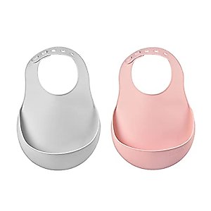 BEABA Silicone Baby Bib, Made with Soft Supple Silicone, Bibs with Food Catcher, Essentials for Baby Feeding, 2 Pack, Rose/Cloud