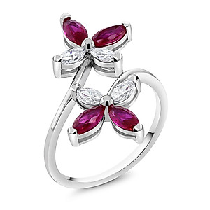 Gem Stone King 925 Sterling Silver Created Ruby Butterfly Flower Ring For Women