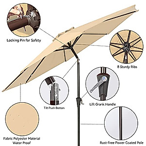 VEGOND 9FT Patio Umbrella Outdoor Yard Table Market Umbrella with 8 Sturdy Ribs and Tilt Adjustment and Crank Lift System for Garden, Pool, Backyard, Deck, BEIGE