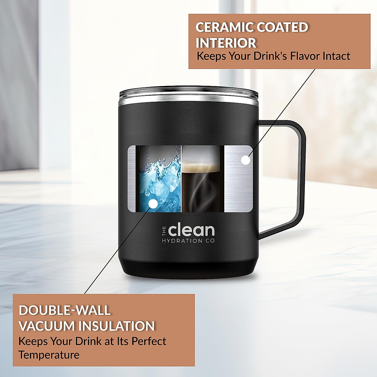 The Clean Hydration Company Coffee Cup Travel Mug Insulated - 12 Oz | Ceramic Lined Tumbler Cup with Lid | Reusable Office Mug | Double Wall Vacuum Eco-Friendly, BPA-Free