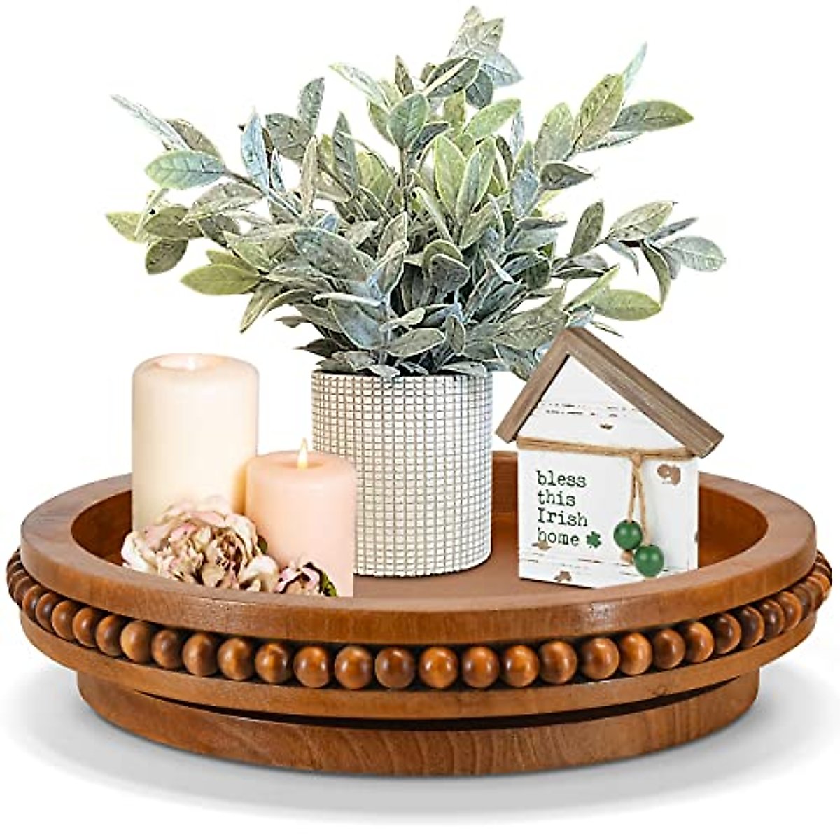 Farmhouse Lazy Susan Organizer,Decorative Tray Riser,Lazy Susan for Table, Counter Lazy Susan Turntable Organizer with Beads,360 Degrees Rotating Display Stand for Spice Racks,Centerpiece Tray,Brown