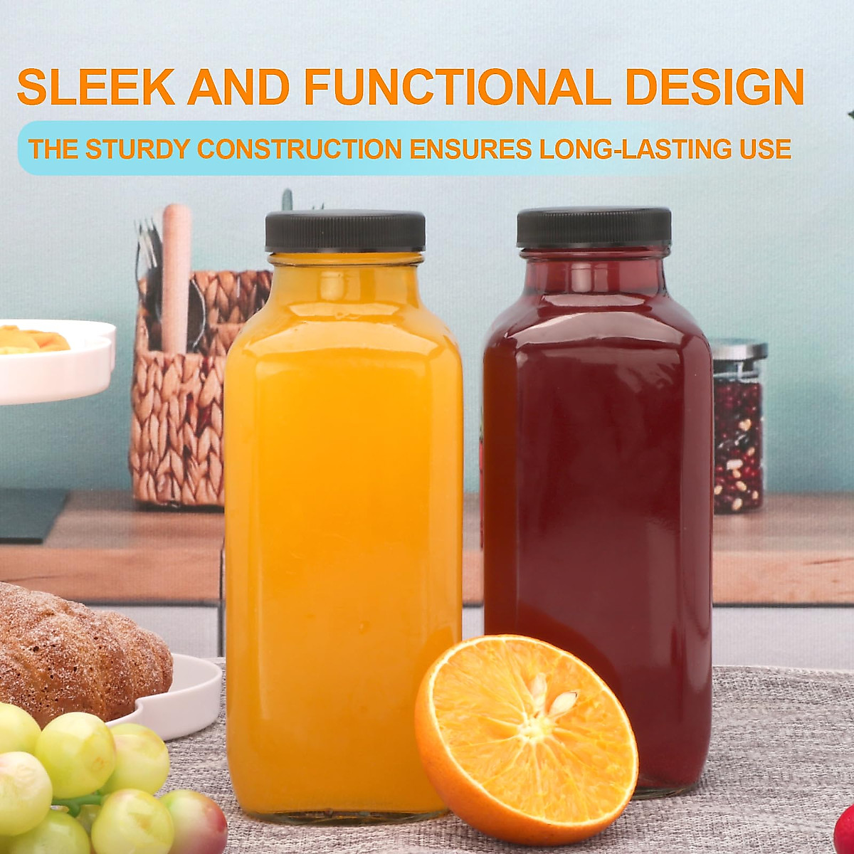 Encheng Glass Juice Bottles with Lids 16oz,Sqaure Juicing Bottles Reusable Glass Drinking Jars Set of 10,Empty 500ml Juice Containers Glass Bottles for Juice,Smoothies,Water,Kombucha