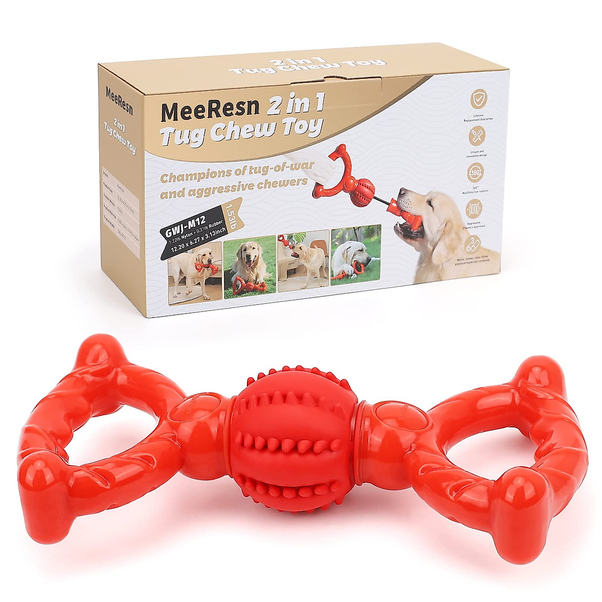 MEERESN Interactive Dog Toy for Aggressive Chewers - 2 in1 Tug of War Dog Toy with 360°Rotating Handle and Dog Puzzle Teething Clean Toys Ball for Medium Large Dogs