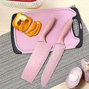 DT001 7 Pieces of Kitchen Knives Set - Non-stick Stainless Steel Kitchen Knives Set with 1 Scissor & 1 Peeler Stand and Chopping Board with Gift Box(Pink)