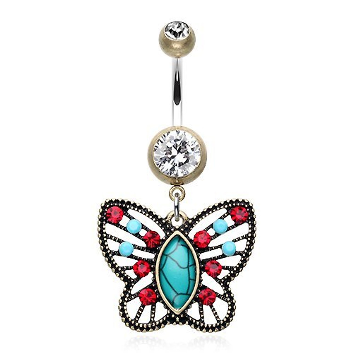 WildKlass Jewelry Vintage Butterfly Fliligree Belly Button Ring (Brass/Clear/Turquoise)