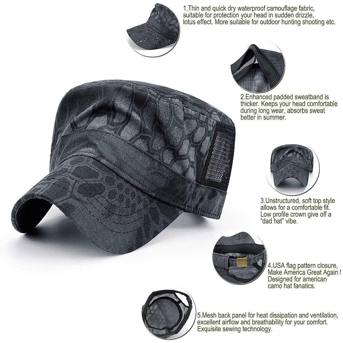 Rayna Fashion womens Mesh Snake Camouflage Camo Cadet Army Adjustable USA American Flag Military Flat Top Baseball Sun Cap, Python, X-Large